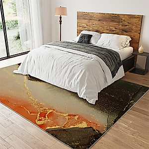 LACEABI Orange Brown Marble Area Rug, Gold Powder Texture Indoor Non Slip Living Room Rug, Low Pile Foldable Home Decor Carpet for Bedroom Dining Room Farmhouse Floor Mat - 2 ft x 3 ft