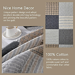 Finlonte King Quilt Bedding Set - 100% Cotton King Size Comforter, Plaid Quilted Bedspread Farmhouse Country Bed Spread, Lightweight Reversible King Quilt Sets All-Season, Gray/Brown/Black/White, 3Pcs