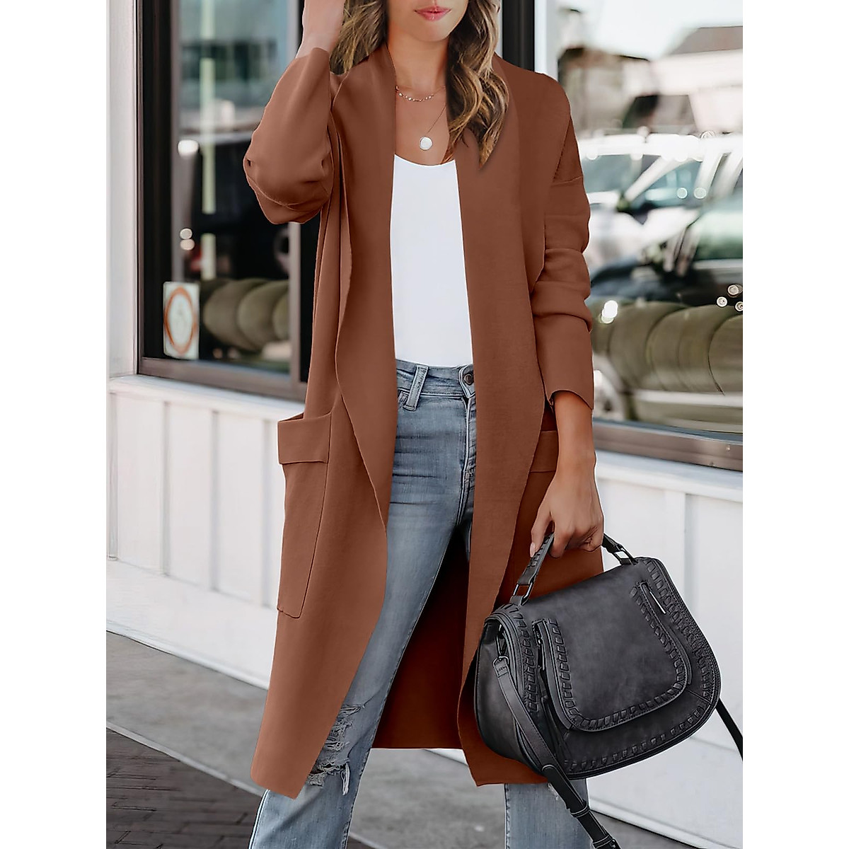 ANRABESS Women's Long Cardigan Sweater 2024 Fall Fashion Casual Oversized Knit Open Front Coatigan Jacket Coat Trendy Outfits Orange Brown Medium