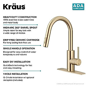 KRAUS Oletto Pull-Down Single Handle Kitchen Faucet with QuickDock Top Mount Installation Assembly in Spot Free Antique Champagne Bronze, 15 1/8 Inch, KPF-2620SFACB