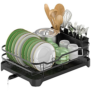 ROTTOGOON Dish Drying Rack, Stainless Steel Rustproof Dish Rack for Kitchen Counter, Sturdy Dish Drainer with Drainboard, Drainage, Utensil Holder for Various Kitchenware, 16.9"(L) x 12.2"(W), Black