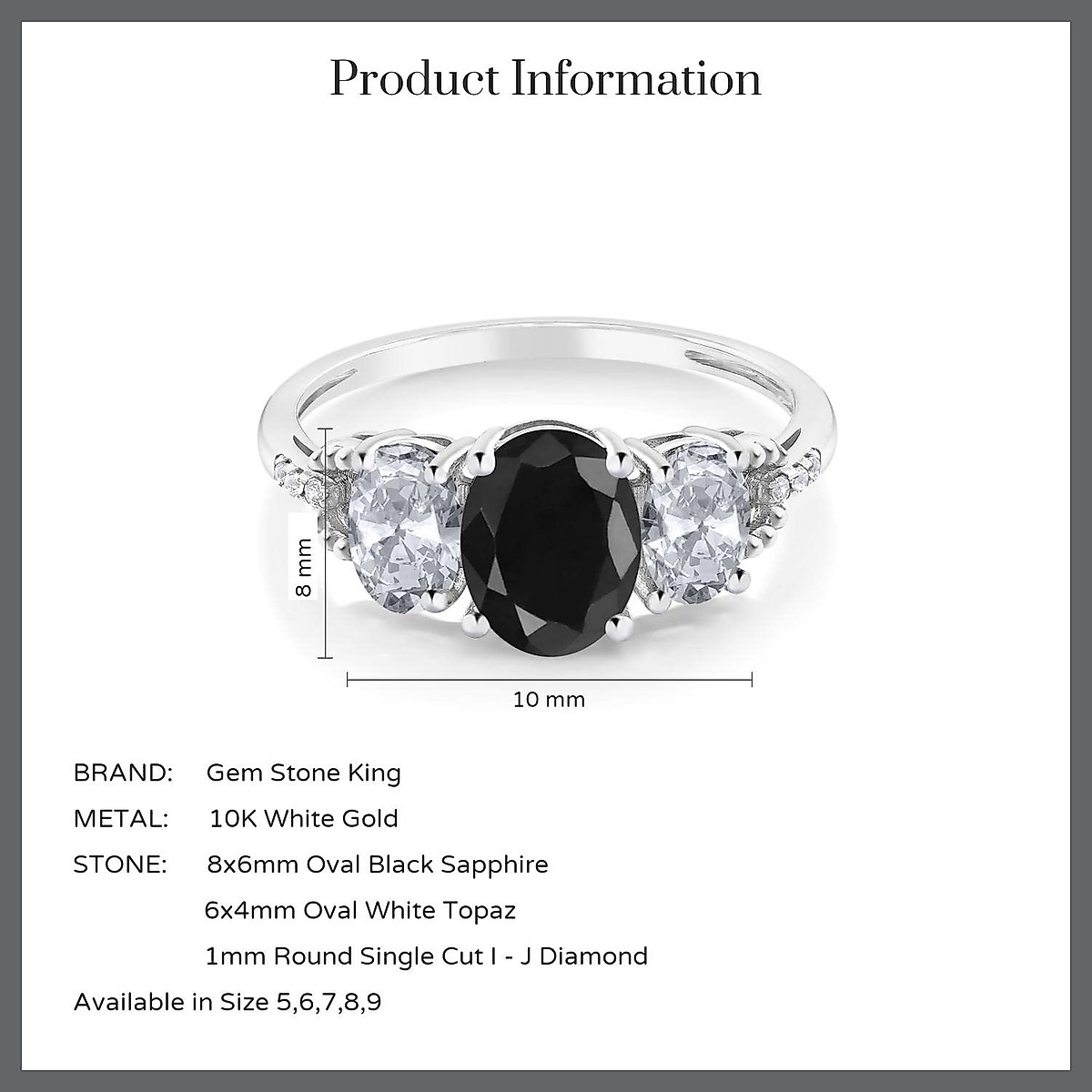 Gem Stone King 10K White Gold Black Sapphire White Topaz and Diamond Accent 3-Stone Engagement Ring | 2.71 Cttw | 3 Stone Wedding Anniversary Promise Ring For Women (Size 8)