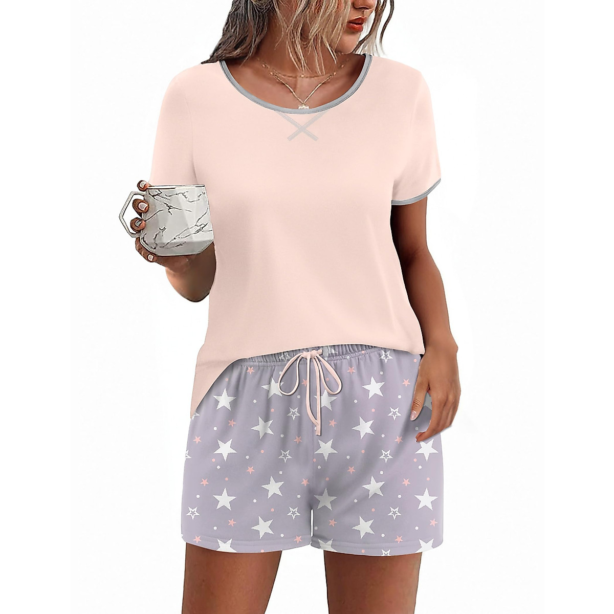 Ekouaer Women Pajama Set Casual Short Set Pink and White Star Medium
