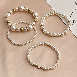 Caiyao Temperament Fashion Imitated Pearl Stackable Layered Bracelets Statement Big Large Faux Pearl Bead Heart Bangle White Round Pearl Seed Bracelets for Women Jewelry-4Pcs
