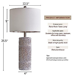 OYEARS 25.5 "Retro Farmhouse Table Lamps Set of 2 Woven Pattern Resin Bedside Lamps Classic Country Washed White Lamp for Bedroom Living Room Home Office