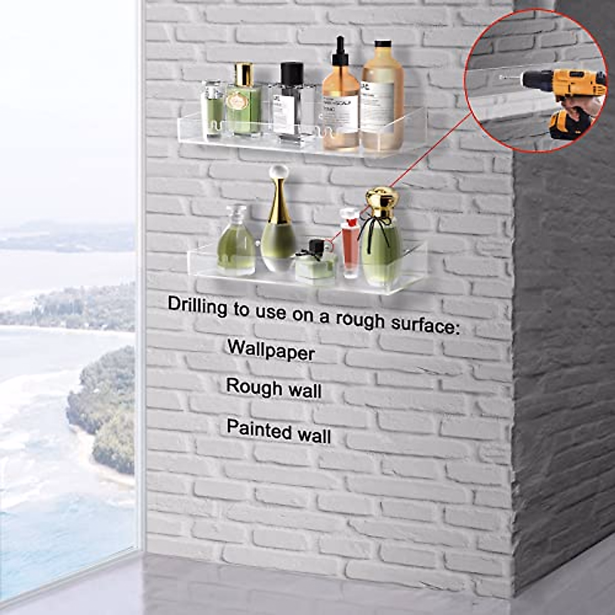 Durmmur 2-Pack Acrylic Clear Shower Shelves, Adhesive Bathroom Shower Caddy Organizer, Transparent No Drilling Wall Floating Shelves for Storage & Display