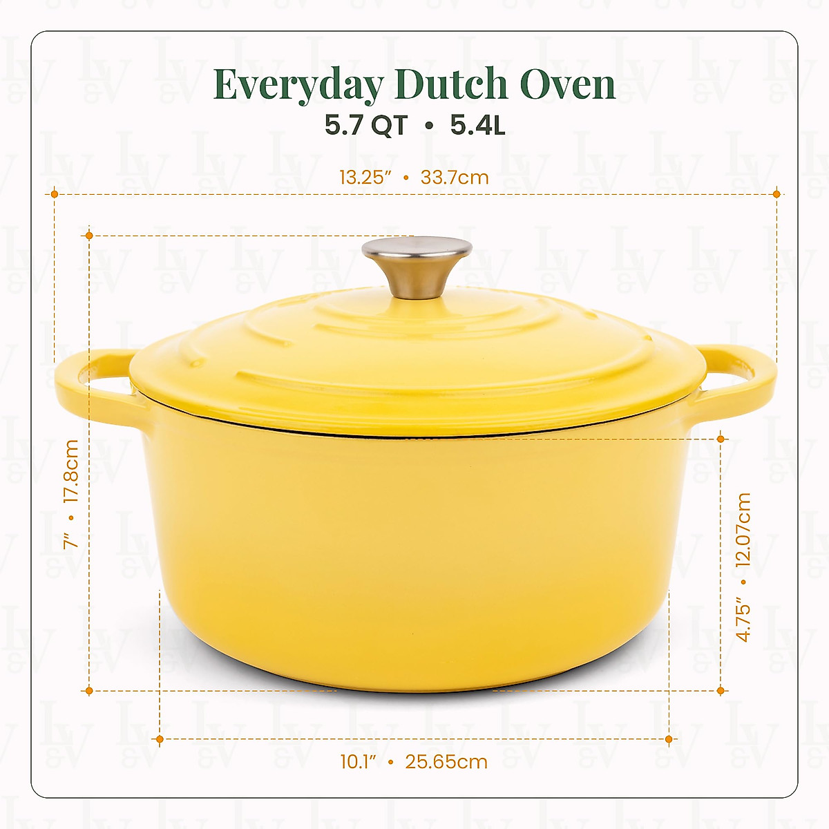 Larder & Vine Enameled Cast Iron Dutch Oven with Lid - Oversized Handles, Dome Lid, Dutch Oven for Sourdough Bread Making – 5.7QT/5.4L - (Limoncello)