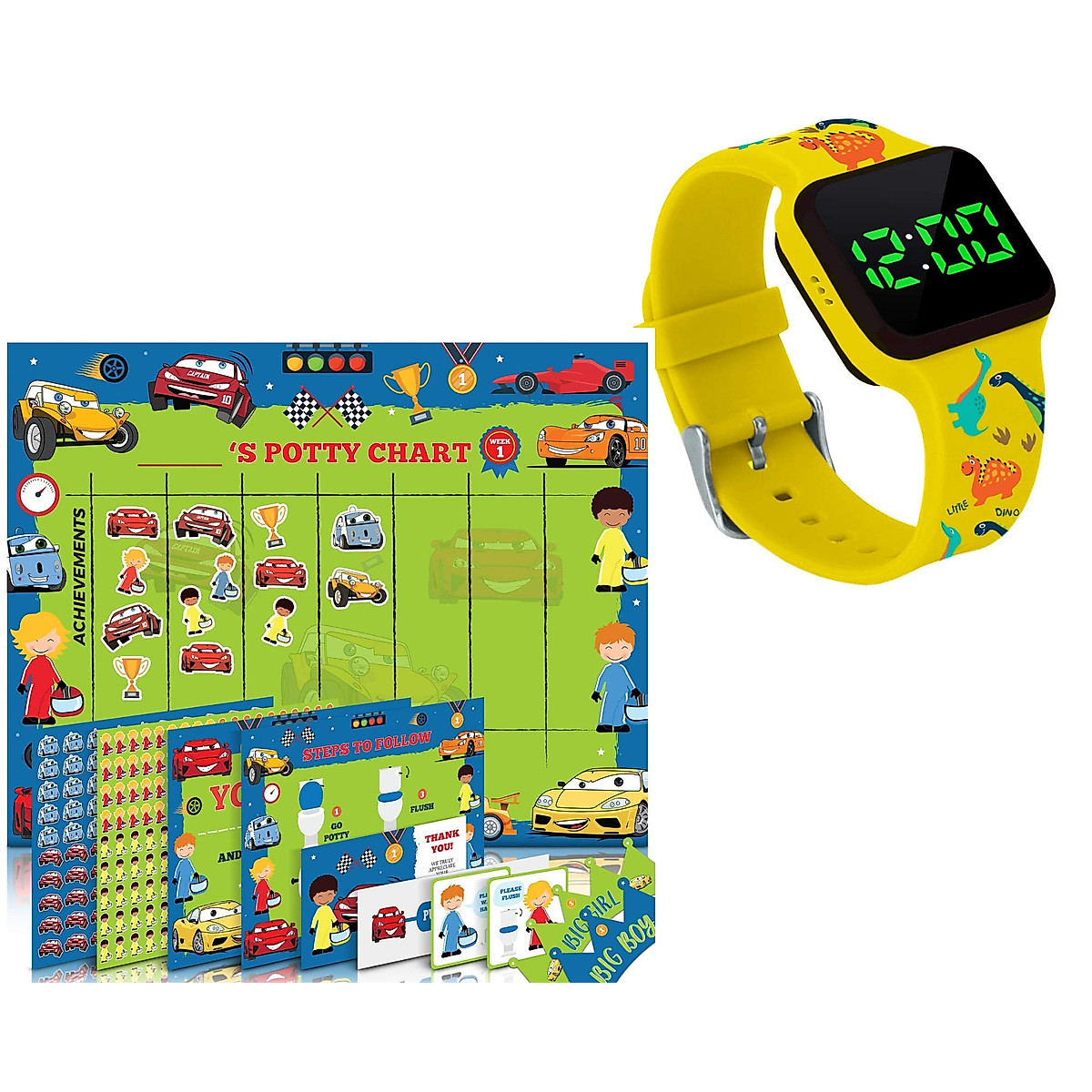 ATHENA FUTURES Potty Training Chart for Toddlers - Cars and Racer Design and Potty Training Count Down Timer Watch With Lights And Music - Dinosaur Yellow