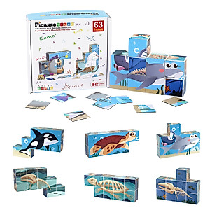 PicassoTiles 1” Magnetic Puzzle Cubes for Kids, 3D Sea Ocean Animal 63pcs Exploration Blocks, Kids Focus Learning & Stacking Toys, STEM Educational Preschool Toddler Classroom Activity, Boys Girls
