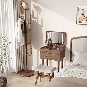 KASLANDI Solid Wood Vanity Desk with Flip Top Mirror & Lights, Small Makeup Vanity with Drawers, 3 Lighting Modes Adjustable Brightness, Vanity Table for Bedroom & Living Room (Walnut)