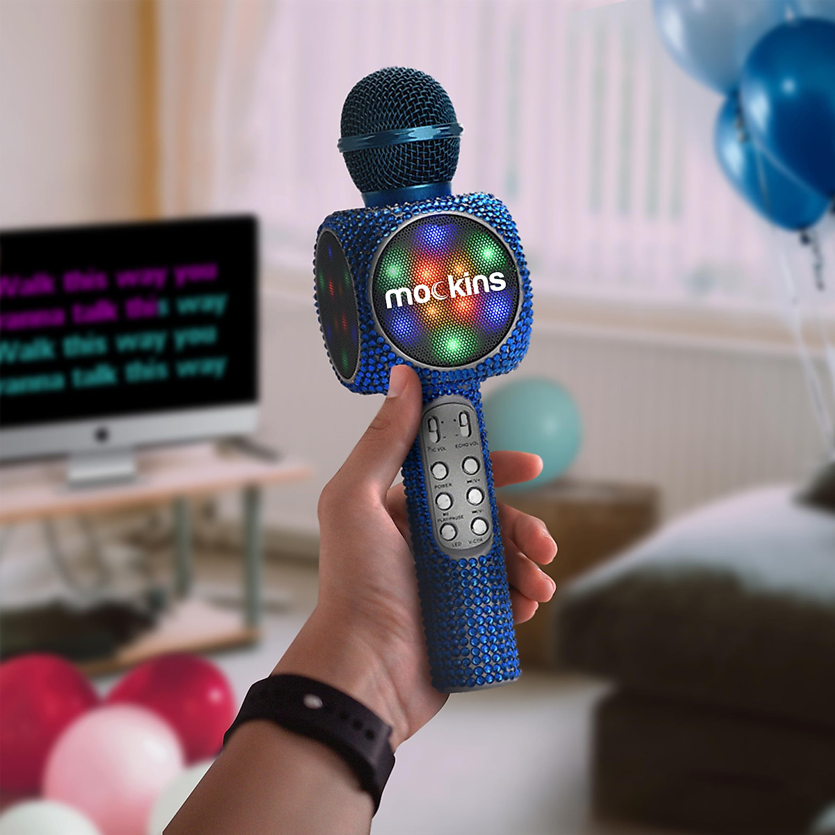 Mockins Blue Bling Karaoke Microphone for Kids | Wireless Mic with Voice Changer & LED Lights | Portable Microphone for Singing w/ Cable & Carry Case