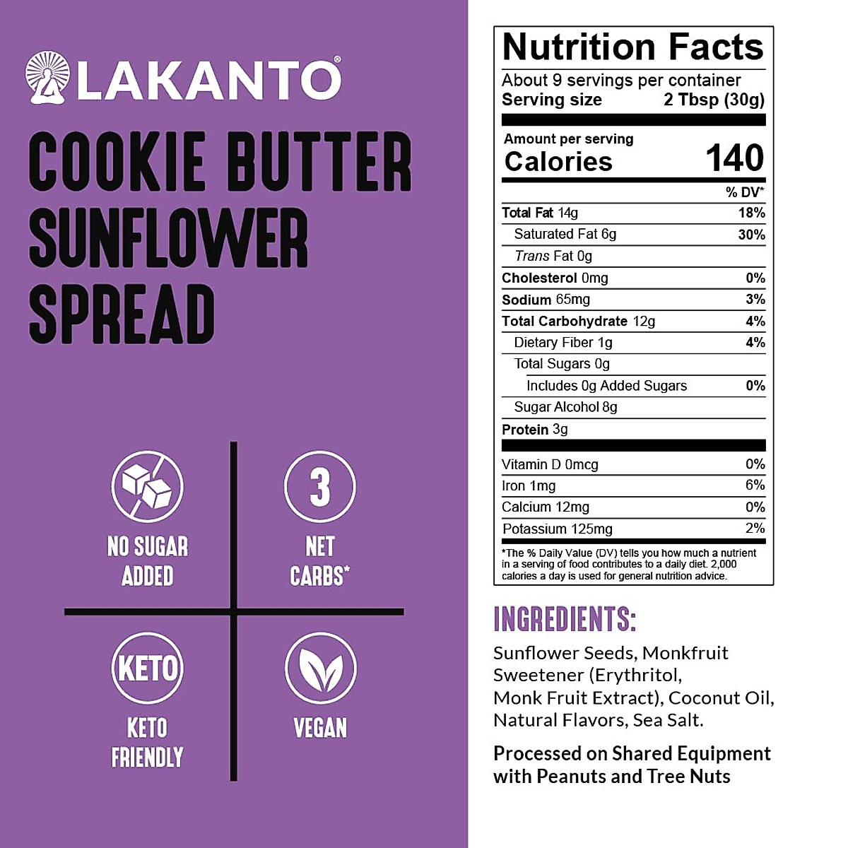 Lakanto Sugar Free Cookie Butter Sunflower Spread - Sweetened with Monk Fruit Sweetener, Keto Diet Friendly, 3 Net Carbs, Vegan, Non GMO, Sandwiches, Toast, Smoothies, Cereal, Oatmeal, More - 10 oz