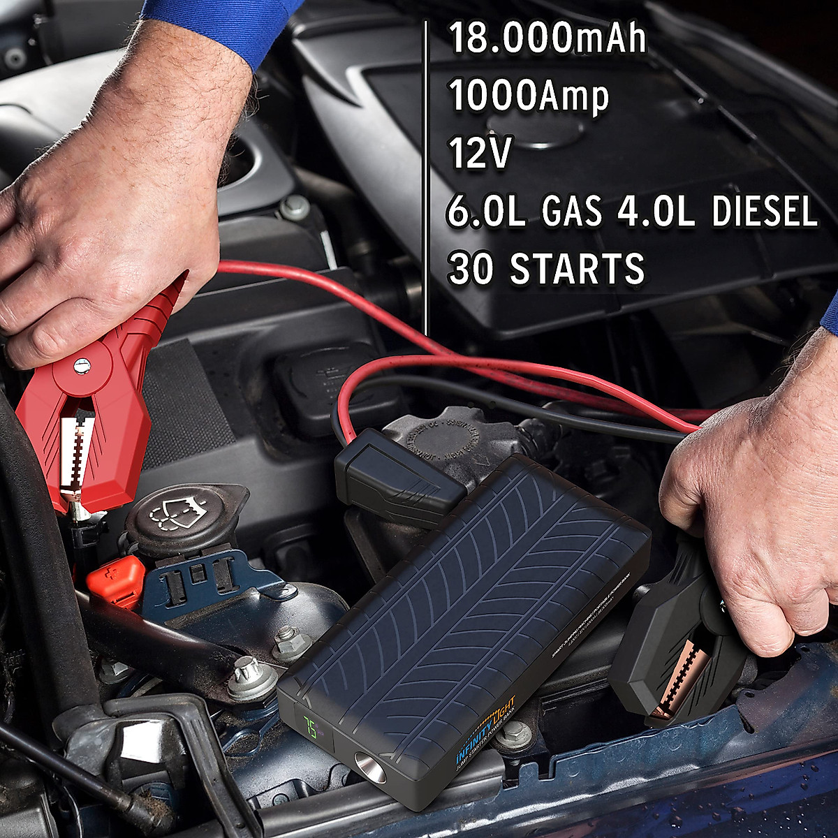 Infinity Light Jump Starter Battery Pack – 1000Amp 18,000mAh 12V Car Portable Battery Booster Pack Power Bank – 2 in 1 USB Charger with LCD Display, LED Light Emergency Warning Mode, 6L Gas/4L Diesel
