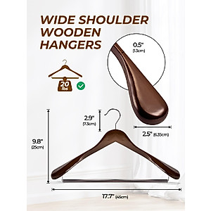 HOUSE DAY Wide Shoulder Wooden Hangers, Wood Suit Hangers with Non Slip Pant Holder, Heavy Duty Coat Hangers for Closet, Wooden Clothes Hangers for Suits, Coats, Jackets, Shirts (6 Pack, Walnut)