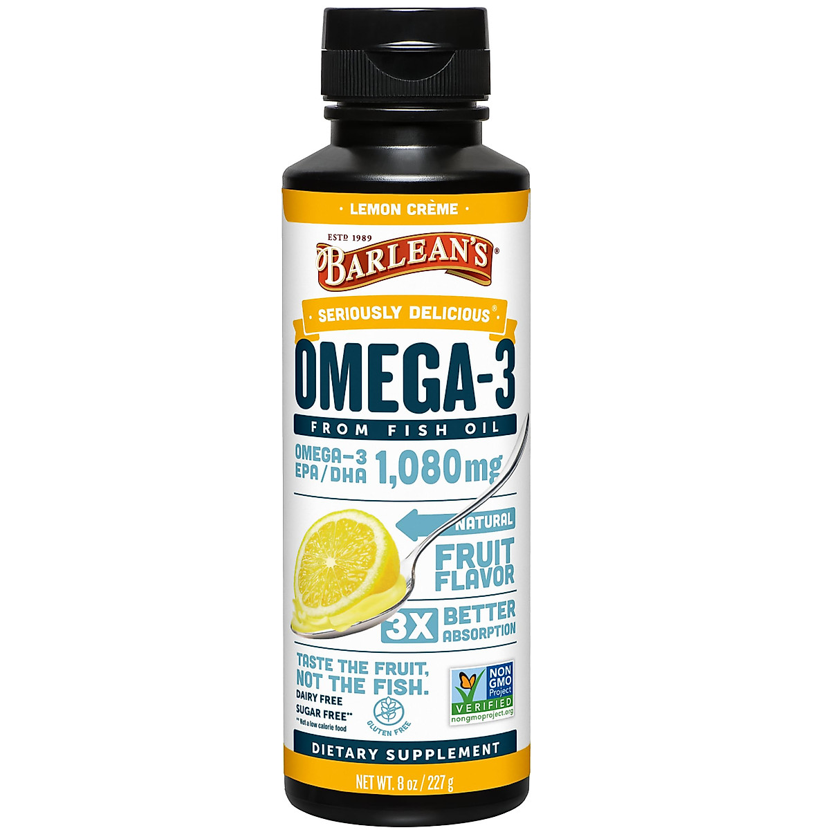 Barlean's Lemon Crème Omega 3 Fish Oil Liquid Supplement, 1080mg of Omega 3 EPA & DHA Fatty Acid, Smoothie Flavored & Burpless for Brain, Joint, & Heart Health, 8 oz