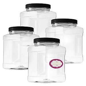 DilaBee Pack of 4-32 Oz Large Clear Empty Plastic Storage Jars with Lids - Square Food Grade Container with Easy Grip Handles - Multi Purpose Jar BPA Free