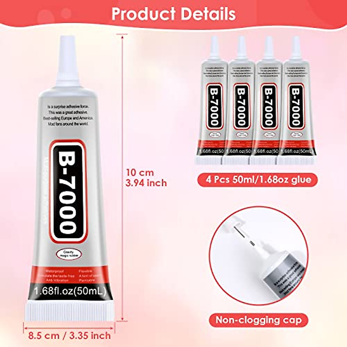 4 PCS 50ML B7000 Crafts Glue Super Adhesive, Multipurpose B-7000 Rhinestones Bonding Glue Flexible Clear Glue for DIY Jewelry Beads Fabric Cloth Nail Art Shoes Screen Repair