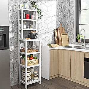 Homykic Bamboo Bathroom Storage Shelf, 7-Tier Detachable Narrow Shelf Freestanding Towel Rack Wood Corner Stand Organizer for Corner, Bathroom, Living Room, Bedroom, Kitchen, White