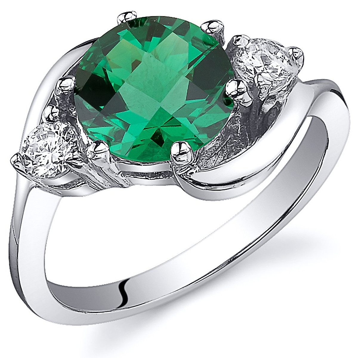 PEORA Simulated Emerald Ring in Sterling Silver, Round Shape, 8mm, 1.75 Carats total, Size 7