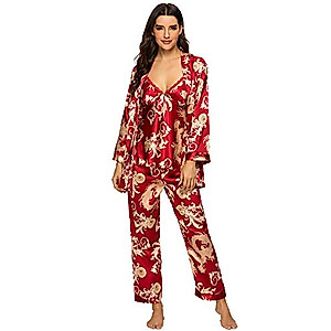 Escalier Women's Silk Satin Pajamas Set 3 Pcs Floral Silky Pj Sets Sleepwear Cami Nightwear with Robe and Pants Wine M