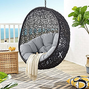 Modway EEI-3635-BLK-GRY Encase Wicker Rattan Outdoor Patio Swing Chair with Hanging Steel Chain in Black Gray