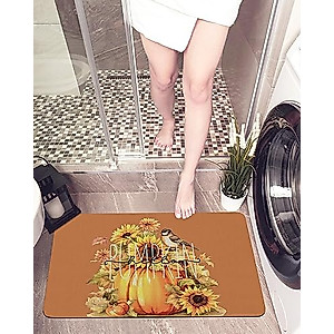 Bathroom Floor Shower Mat, Non-Slip Small Rugs - Easy to Clean, Fall Thanksgiving Pumpkin Sunflower Bird Brown Background Durable Bath Rug 16"x24" Washable Quick Dry Mats for Bathtubs
