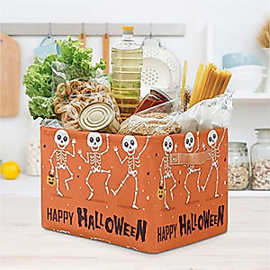 Pardick Happy Halloween Large Collapsible Storage Bins ,Danc Skull Decorative Canvas Fabric Storage Boxes Organizer with Handles，Rectangular Baskets Bin for Home Shelves Closet Nursery Gifts