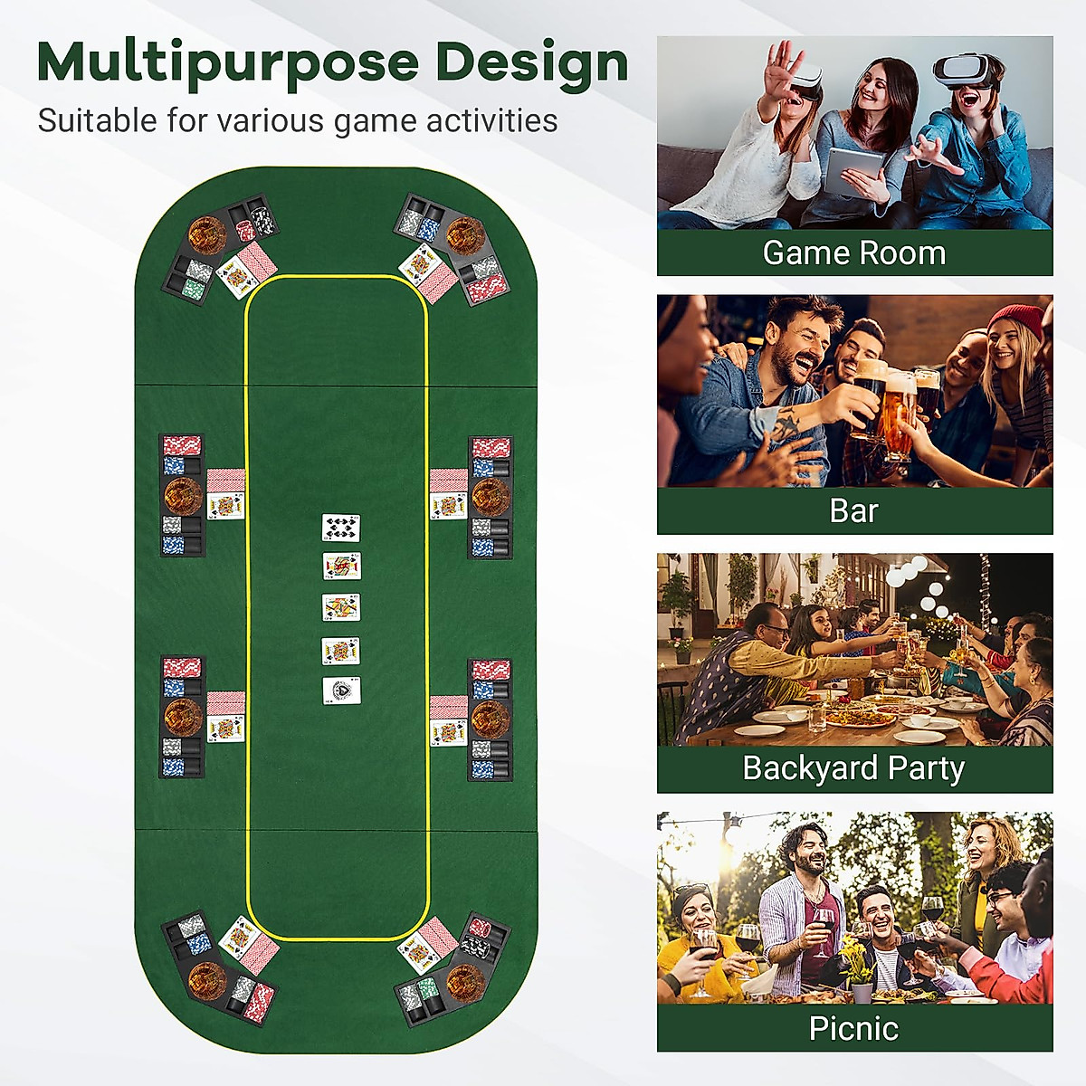 Giantex 79 x 36 Inch Poker Table Top, Foldable 8 Player Texas Holdem Poker Table Topper w/Carry Bag, Cup Holders, Chip Trays, Portable Anti-Slip Blackjack Card Board Poker Mat Layout for Casino