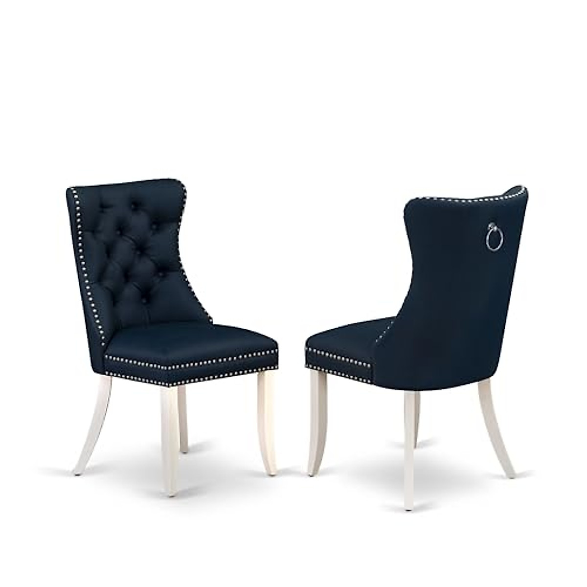 East West Furniture DAP2F29 Dallas Parson Chairs - Button Tufted Nailhead Navy Blue Polyester Fabric Padded Dining Chairs, Set of 2, Linen White