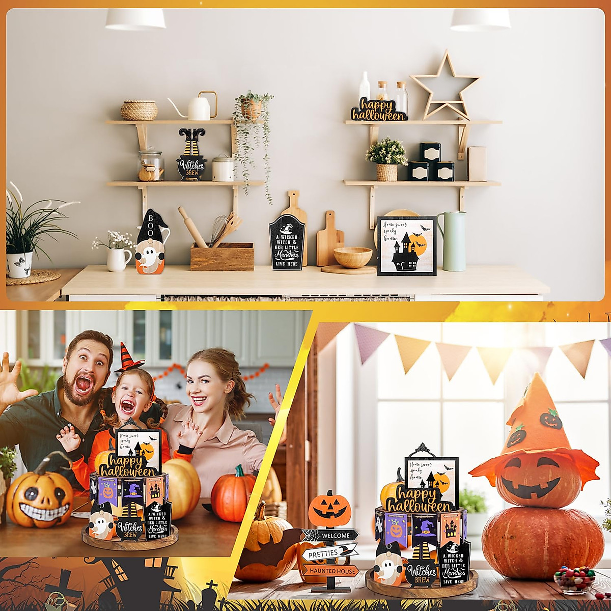 Halloween Tiered Tray Decor |Happy Halloween Decorations Indoor| Rustic Halloween Wooden Sign for Kitchen Home Table Room, 14PCs Halloween Party Supplies(Tray Not Included)