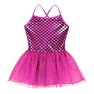 Moily Girls Sequins Mermaid Costume Criss Cross Back Fishscale Leotard Tutu Ballet Dress Princess Costume Rose Red 8