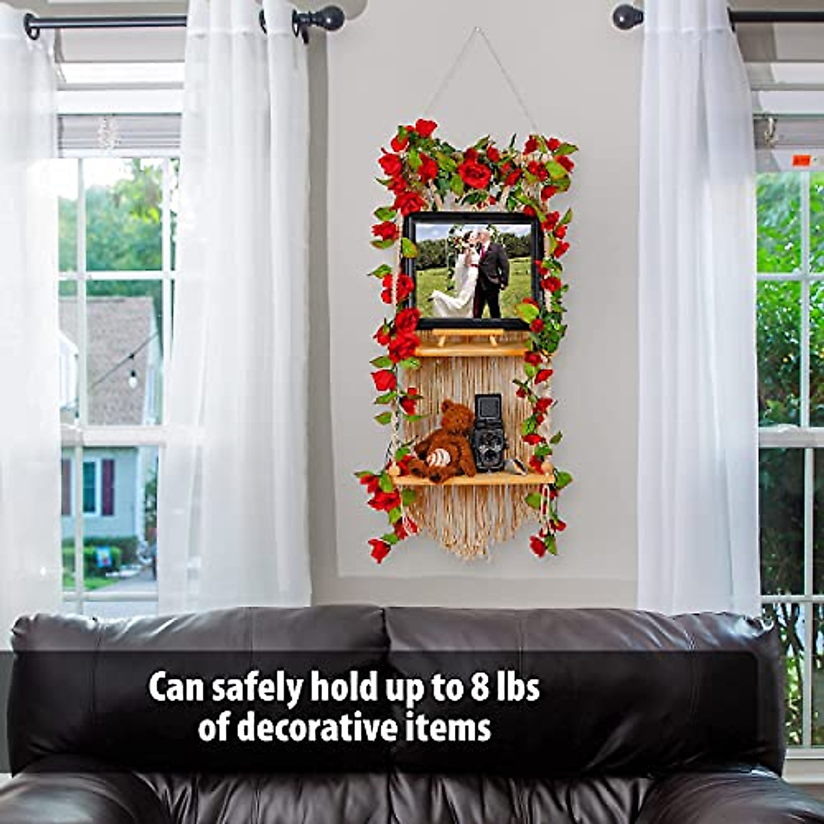 INOVA TYMES Macrame Wall Hanging Shelf 2 Tier - Boho Bedroom Decor | Macrame Wall Decor | Boho Shelf Decor, Hanging Shelves for Wall, Woven Rope Floating Wood Shelves & Storage for Small Plants Books