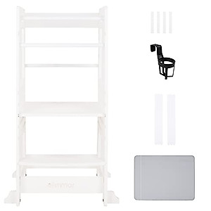 ELIMMAR Toddler Standing Tower - Wooden Learning Tower for Children - 5-Level Adjustable Height, Non-Slip Steps & Feet Pads, Silicone Mat, 2 Safety Bars - Helper Stool for Kids - White, 16x15.7x35.4