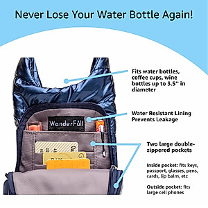 WanderFull Original Crossbody HydroBag | Quilted Water Bottle Carrier | Puffer Tote Tumbler Holder with Pockets for Purse, Phone & Accessories | Carry Travel Essentials (Navy Shiny & Solid Strap)