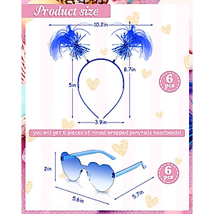 12 Pcs Tinsel Wrapped Ponytails Headband with Heart Shape Sunglasses Costume Party Faux Feather Headwear Bopper for Festival(Blue)