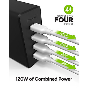 mophie USB C Charger GaN 120W, 4-Port Fast Compact Wall Charger for MacBook Pro/Air, iPad Pro, Galaxy S22/S21, Dell XPS 13, Note 20/10+, iPhone 14/13/12 Pro, and More - Black