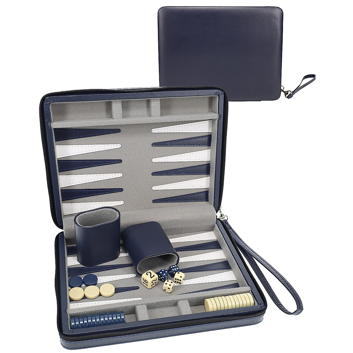 WE Games Backgammon Set, Board Games for Adults - Travel Games - Magnetic with Navy Blue Leatherette Backgammon Board and Carrying Strap - Travel Backgammon Sets for Adults