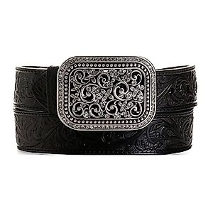 ARIAT Black Tooled Belt with Rhinestone Buckle M