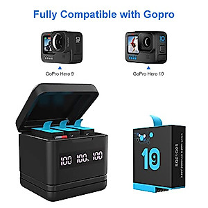 3 Pack 2000mAh Batteries for GoPro Hero 10 Hero 9, 3-Channel Fast Battery Charger Station with Battery Digital LCD Display and Micro SD Card Reader Function