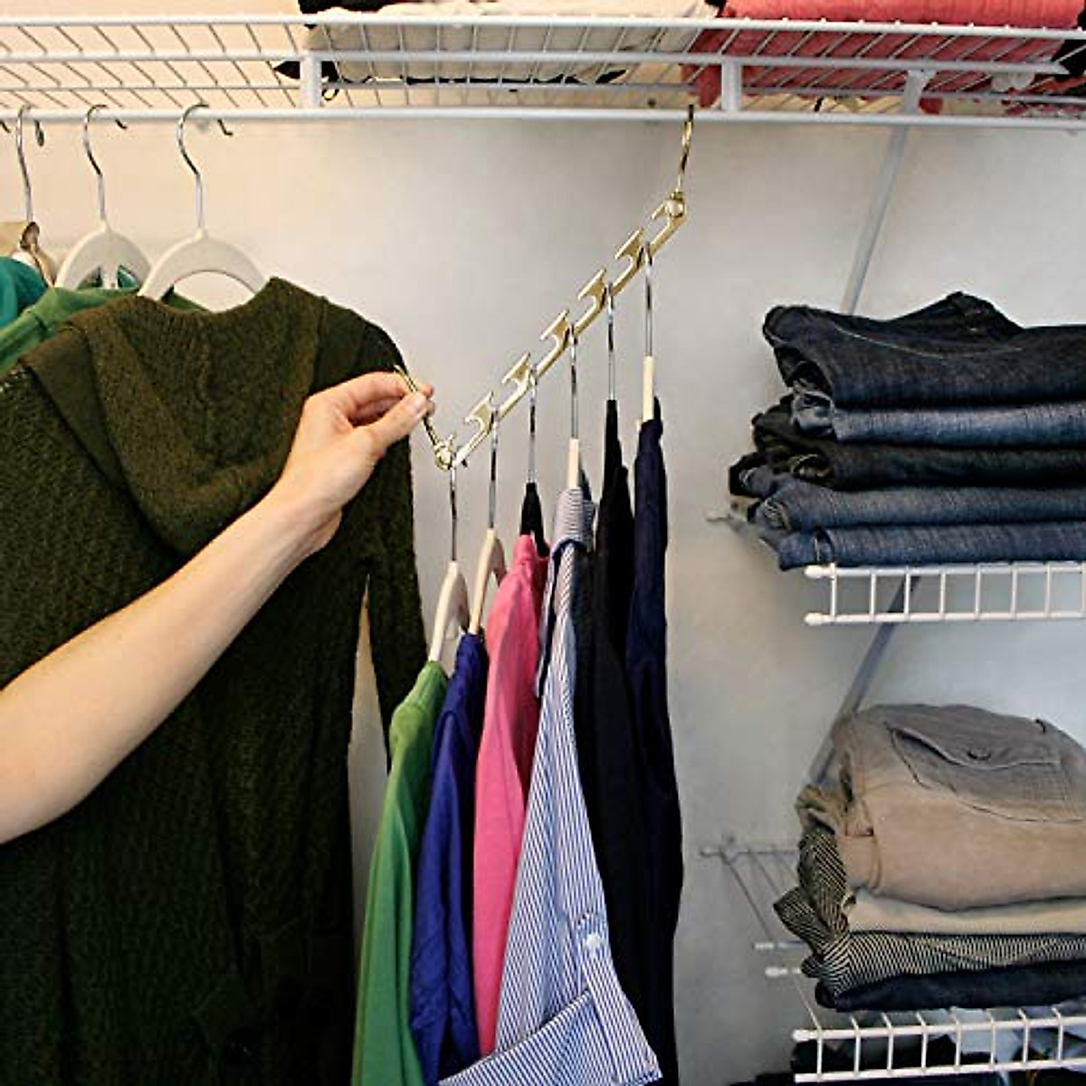 Wonder Hanger Swivel, Cascading Space-Saving Hangers for Closet Organization, 6 Slots, Holds Up to 12 Garments Each, Gold Tone, Pack of 5