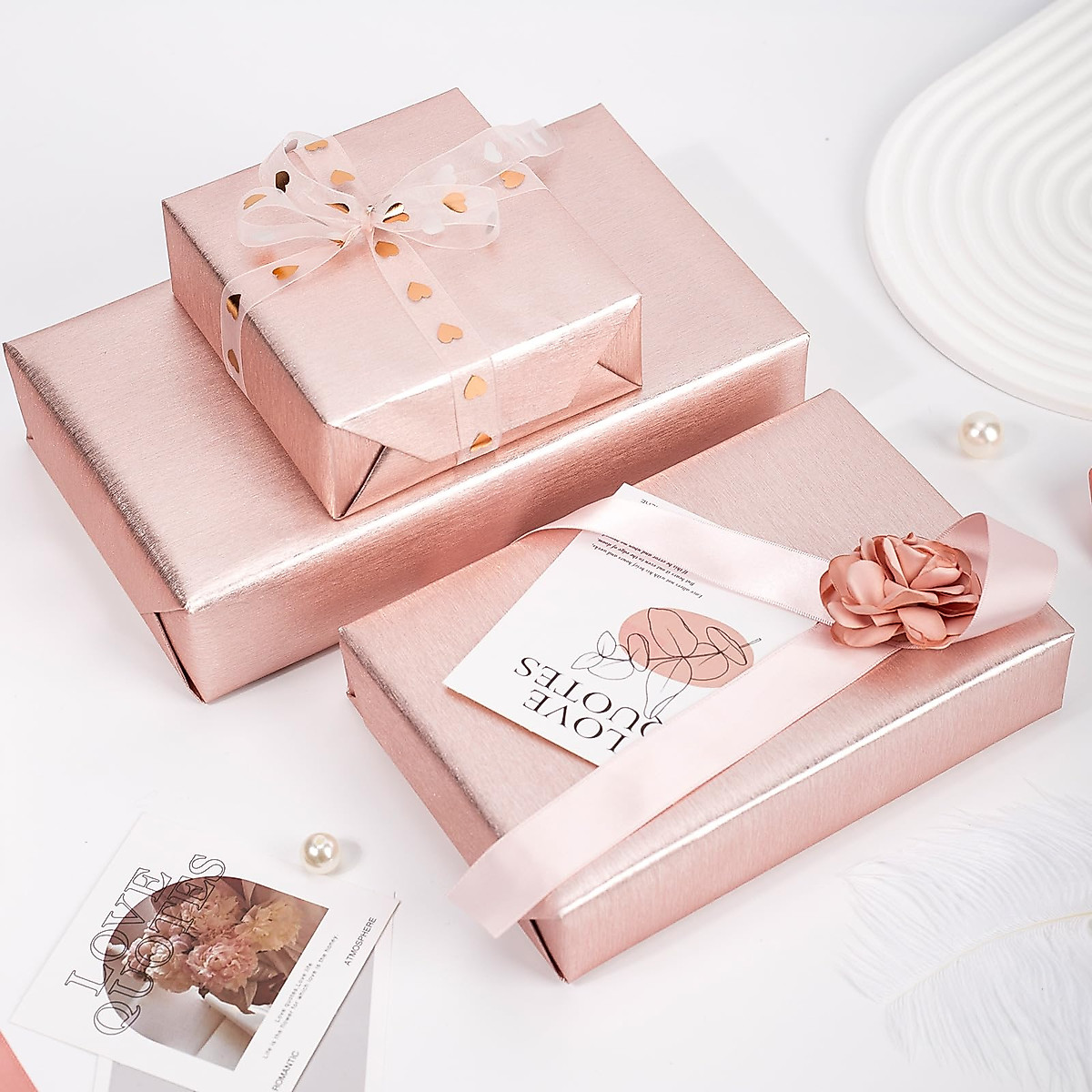 Flyhill Mini Wrapping Paper Roll-17inch X 198inch（23.4sqft -Solid Color with Rose Gold Brush Metallic Shine for Christmas,Birthday,Wedding,Baby Shower,Valentine's Day