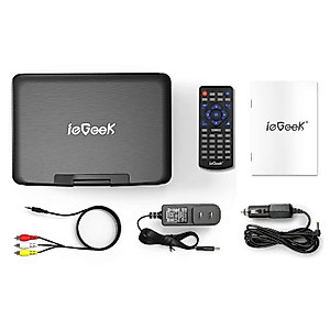 ieGeek Portable DVD Player 12.5", with 10.5" HD Swivel Screen, Car Travel DVD Players 5 Hrs Rechargeable Battery, Region-Free Video Player for Kids Elderly, Remote Control, Sync TV, USB&SD, Black