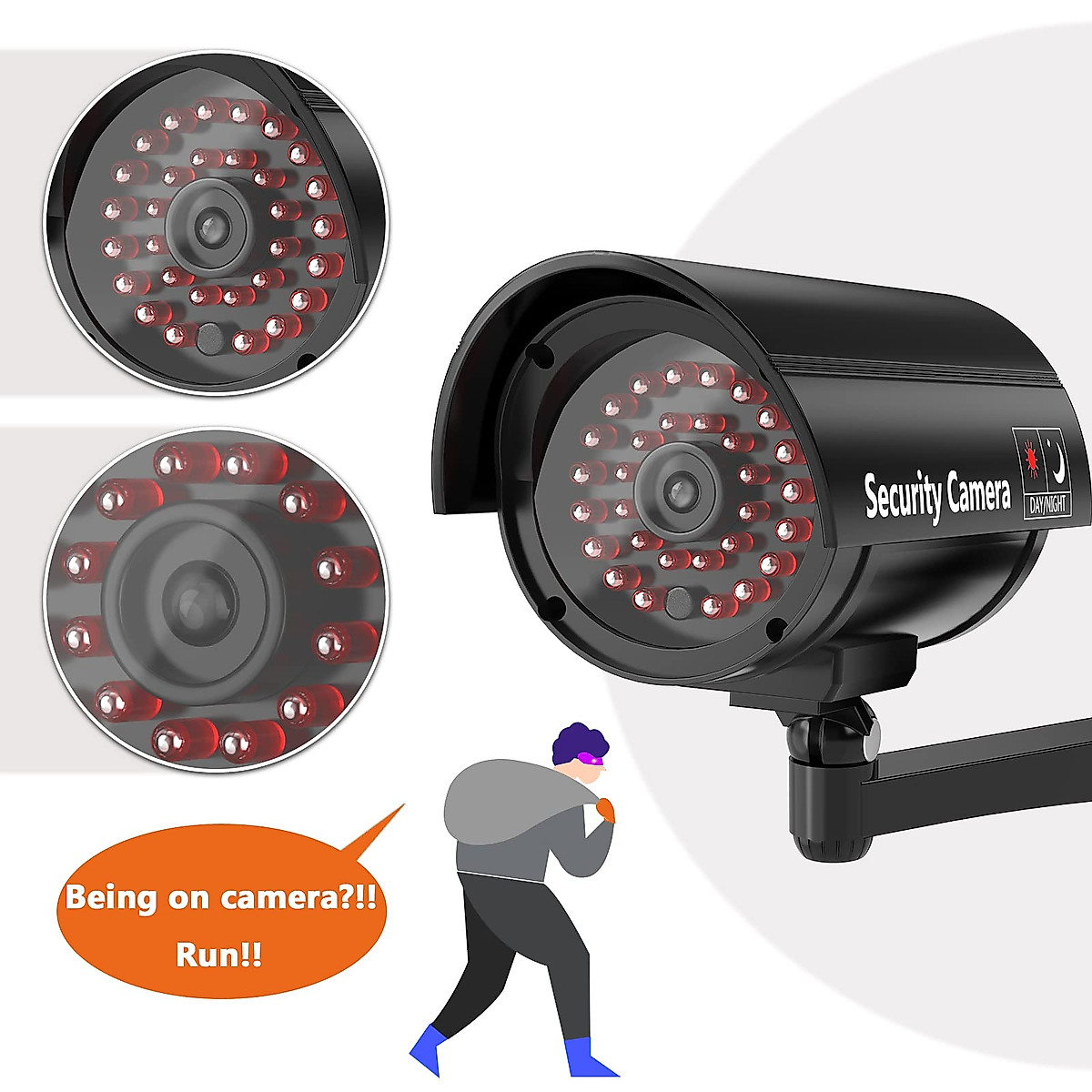 WALI Bullet Dummy Fake Surveillance Security CCTV Dome Camera Indoor Outdoor with 30 Illuminating LED Light and Security Alert Sticker Decals (B30-4), 4 Packs, Black