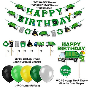 Garbage Truck Birthday Party Supplies Trash Truck Banner Garland Cake Topper Cupcake Toppers Latex Balloons for Boy’s Birthday Waste Management Recycling Party Decor