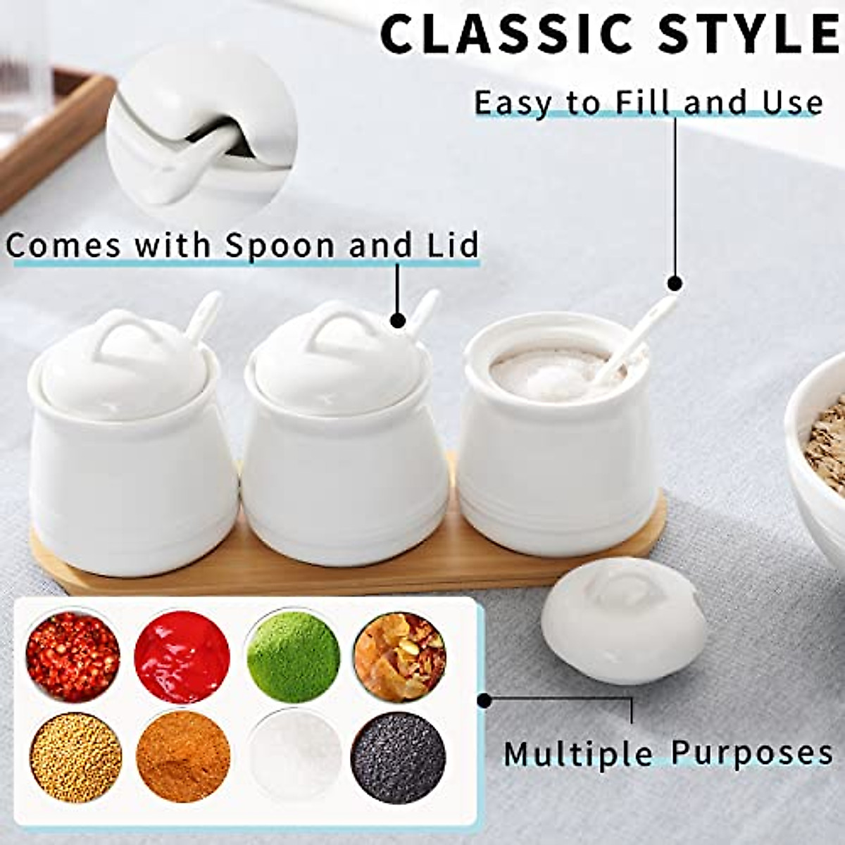 HAOTOP Porcelain Condiment Jar 3 Pack Set with Tray, 12 Ounces White