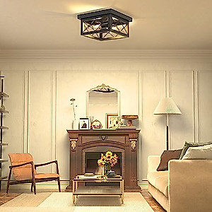 Aolloa Black Flush Mount Ceiling Light, 2-Light Hallway Light Fixtures Ceiling Mount, E26 Base Close to Ceiling Light with Vintage Metal Square Ceiling Lamp for Kitchen, Living Room, Bedroom