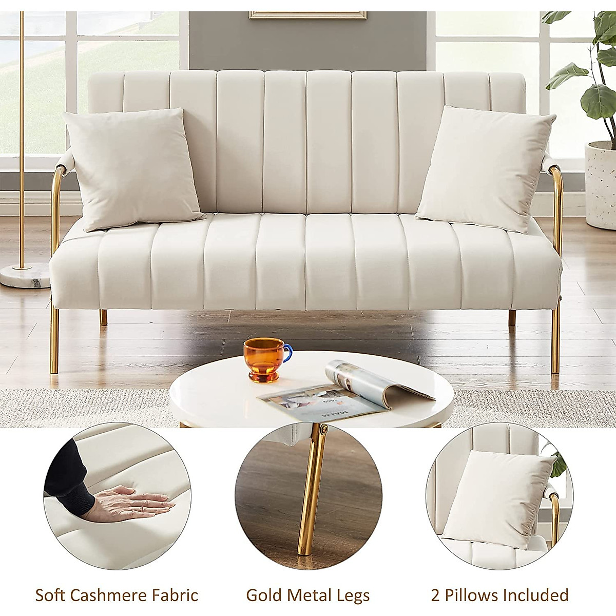 Majnesvon 61" Modern Loveseat Sofa Couch,Cashmere Fabric Small Love Seat w/2 Pillows and Metal Legs,2-Seater Upholstered Mini Sofa Couches for Small Space,Living Room Bedroom Apartments (White)