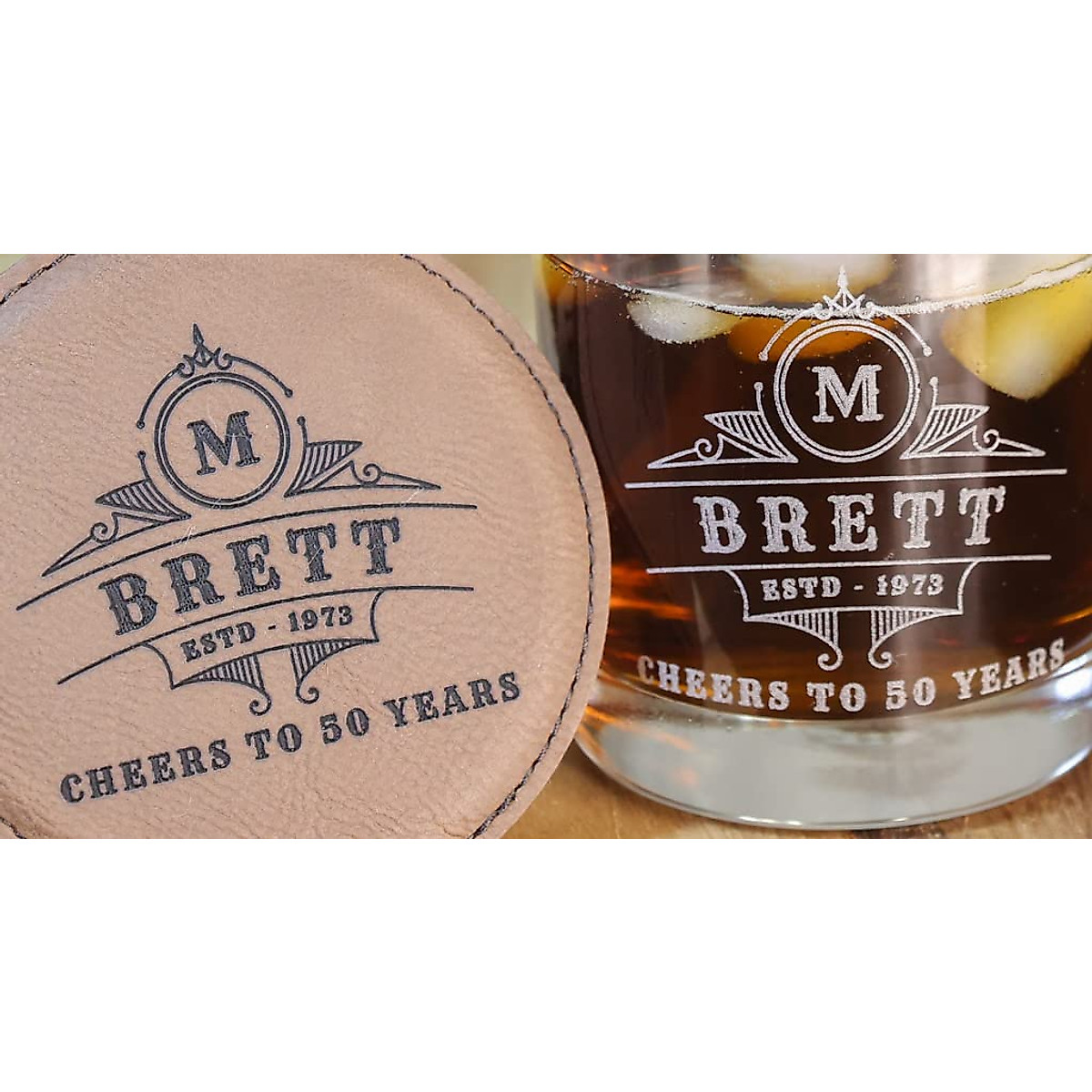 Personalized Whiskey Glass with Matching Custom Coaster - Custom Engraved Whiskey Glasses for Men 50th Birthday Gift for Whiskey Drinker Personalized Bar Accessories