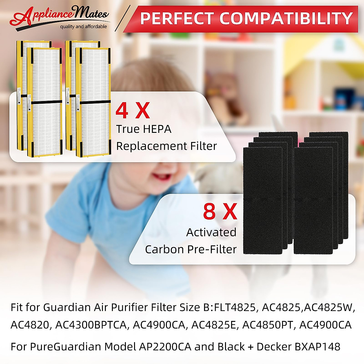 FLT4825 HEPA Filter B Replacement for Guardian Air Purifier, 4 HEPA Filters and 8 Pre-Filters by APPLIANCEMATES