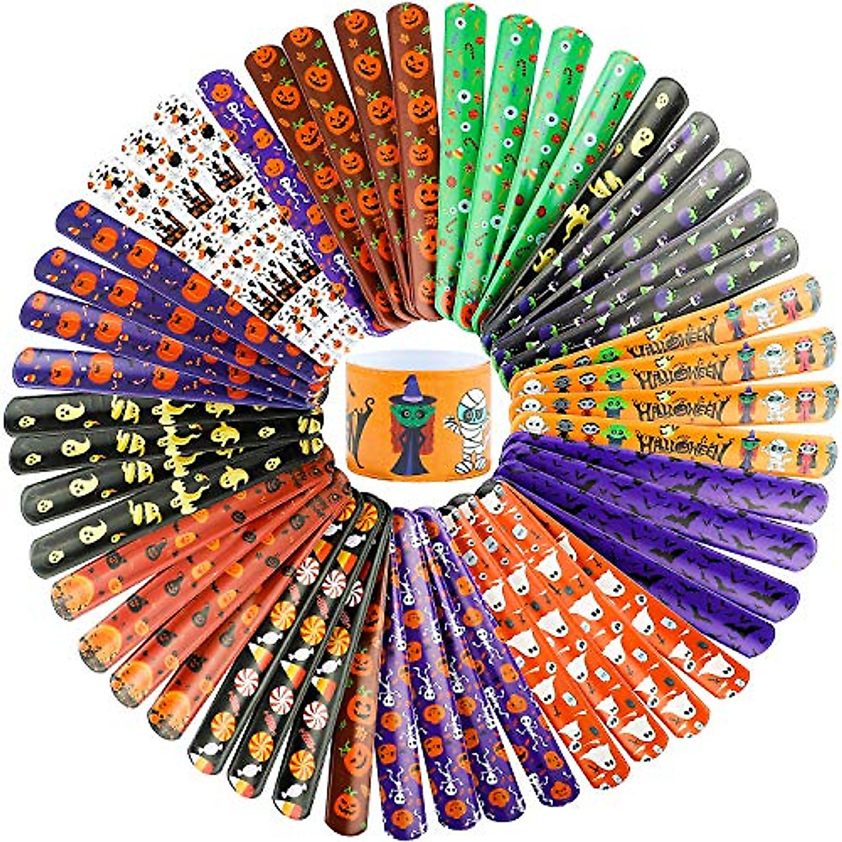 ELCOHO 48 Pieces Halloween Slap Bracelets Toys Assorted Halloween Designs Snap Bracelets Wristbands for Craft Halloween Party Favors Exchanging Gifts